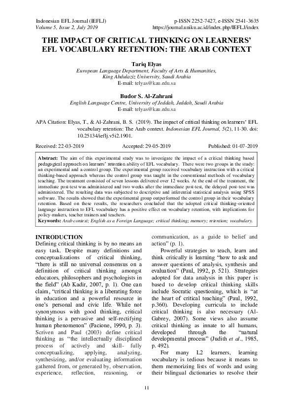 (PDF) The Impact of Critical Thinking on Learners Efl Vocabulary ...