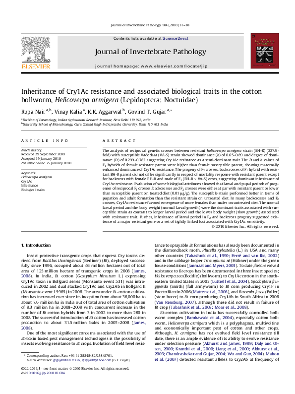 (PDF) Inheritance of Cry1Ac resistance and associated biological traits ...