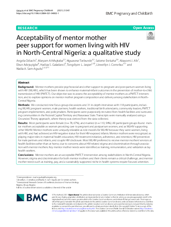 (PDF) Acceptability of mentor mother peer support for women living with ...