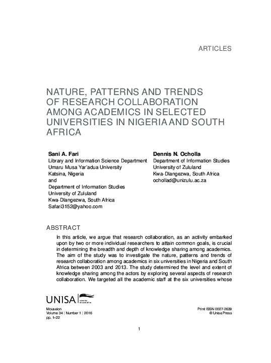 (PDF) Nature, Patterns and Trends of Research Collaboration Among ...