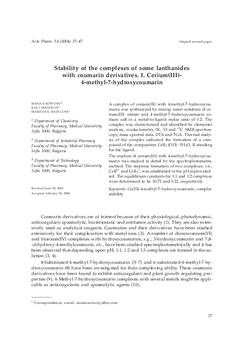 (PDF) Stabilnost kompleksa nekih lantanida s derivatima kumarina. II ...