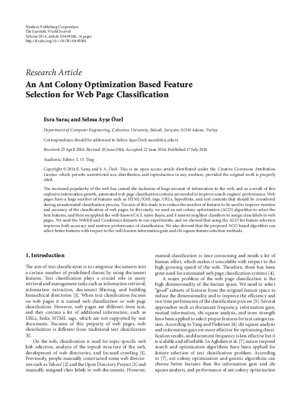 Pdf An Ant Colony Optimization Based Feature Selection For Web Page