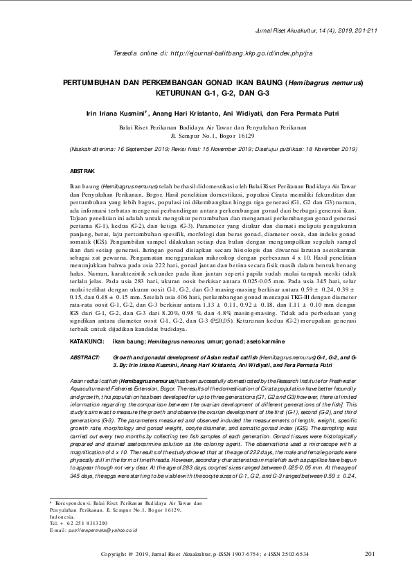 (PDF) PERTUMBUHAN DAN PERKEMBANGAN GONAD IKAN BAUNG (Hemibagrus nemurus ...