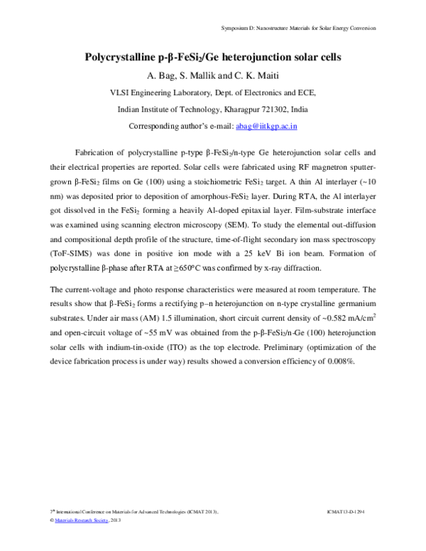 (PDF) Polycrystalline p-β-FeSi2/Ge heterojunction solar cell | Dr ...