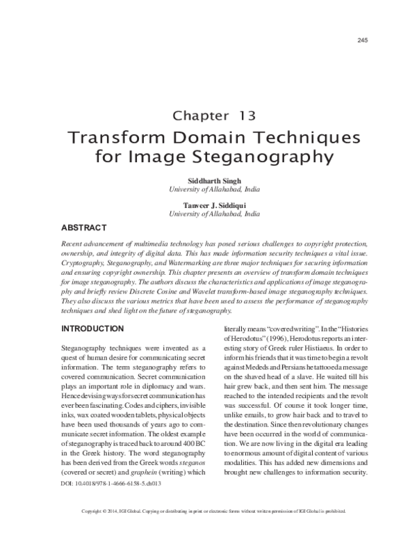 (PDF) Transform Domain Techniques for Image Steganography