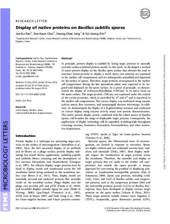 (PDF) Display of native proteins on Bacillus subtilis spores