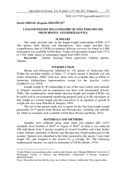 (PDF) Length-weight relationship of nine fish species from Bosnia and ...