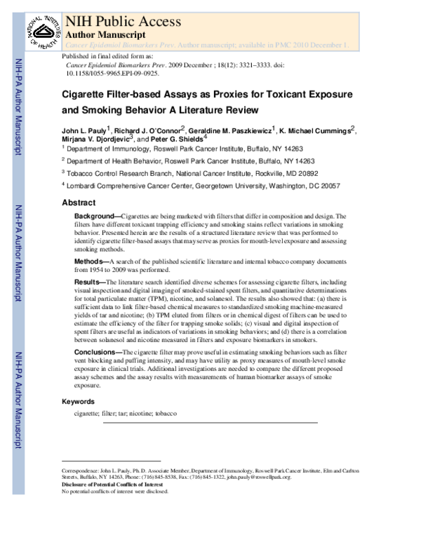 (PDF) Cigarette Filter based Assays as Proxies for Toxicant Exposure ...