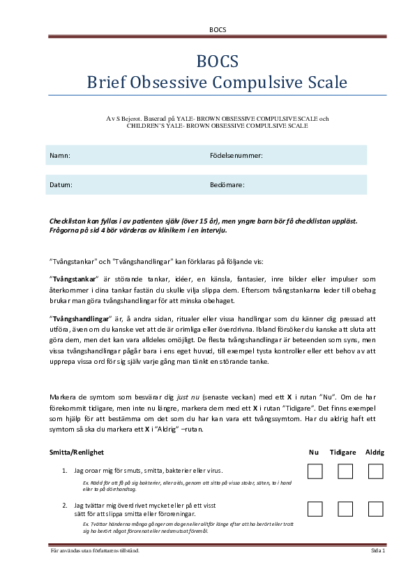 (PDF) Brief Obsessive-Compulsive Scale (BOCS): Skattningsformulär, svenskt