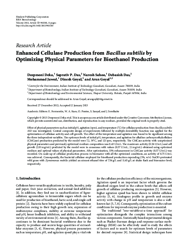Pdf Enhanced Cellulase Production From Bacillus Subtilis By Optimizing Physical Parameters For