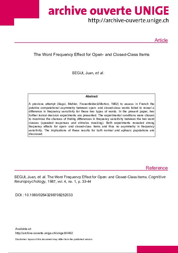 (PDF) The word frequency effect for open- and closed-class items