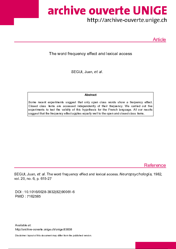 (PDF) The word frequency effect and lexical access