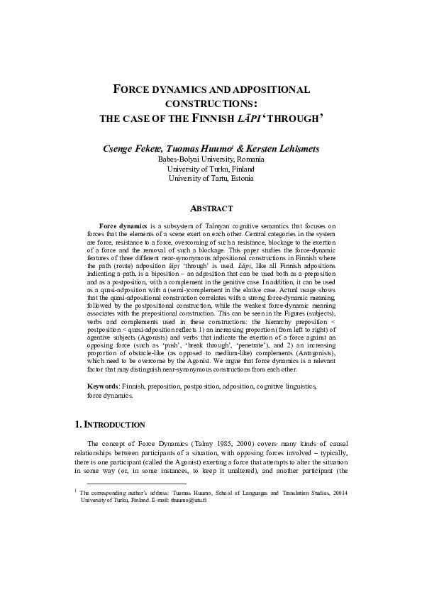 (PDF) Force Dynamics in Finnish Adpositional Constructions