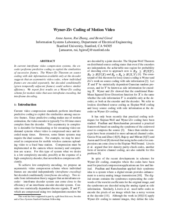 (PDF) Wyner-Ziv coding of motion video