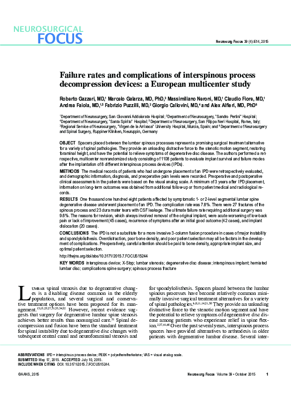 (PDF) Failure rates and complications of interspinous process ...