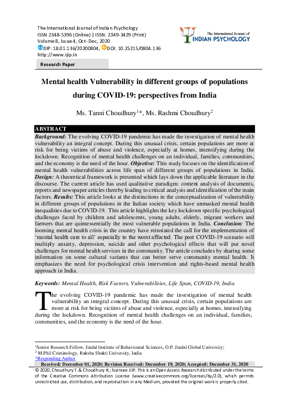 (PDF) Mental health Vulnerability in different groups of populations ...
