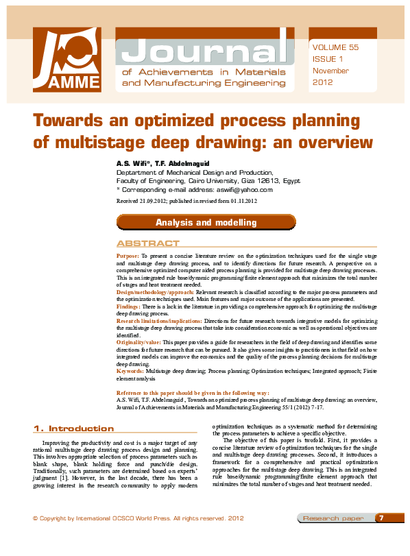 (PDF) Towards an optimized process planning of multistage deep drawing ...
