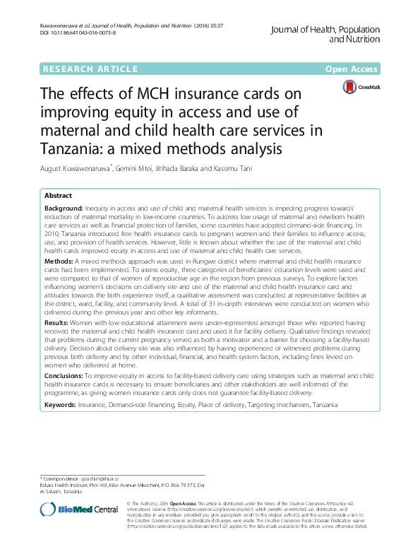(PDF) The effects of MCH insurance cards on improving equity in access ...