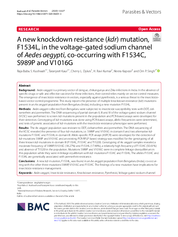(PDF) {A} new knockdown resistance (kdr) mutation, {F}1534{L}, in the voltage-gated sodium ...
