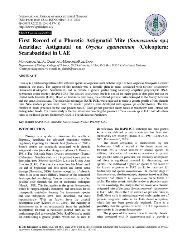 (PDF) First record of a phoretic Astigmatid mite Sancassania sp ...