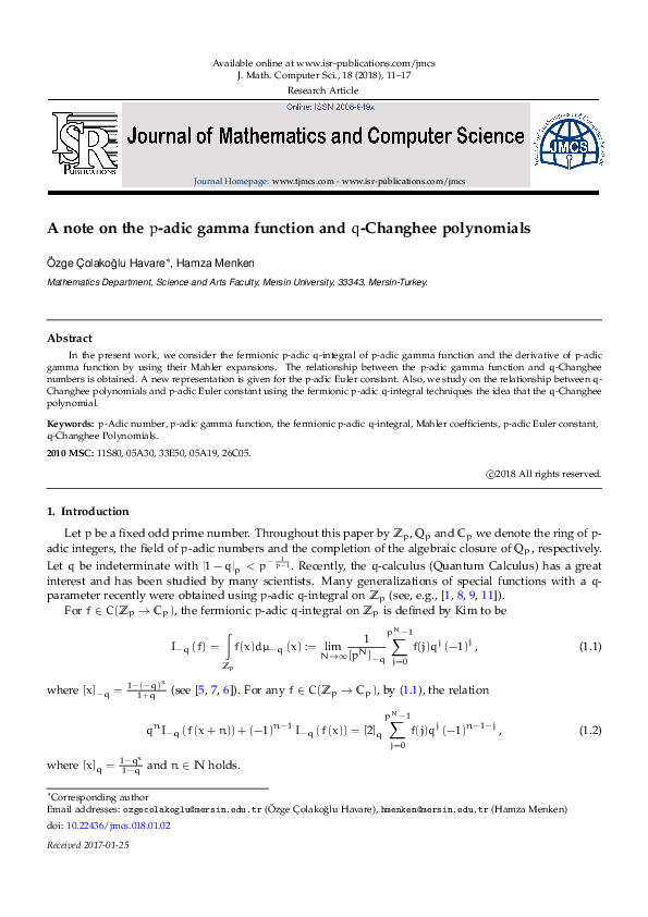 (PDF) ON MAHLER EXPANSION OF p-ADIC GAMMA FUNCTION AFFILIATED WITH THE q-BOOLE POLYNOMIALS ...
