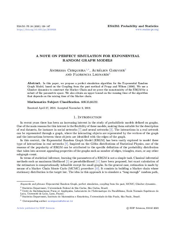 (PDF) A note on perfect simulation for Exponential Random Graph Models