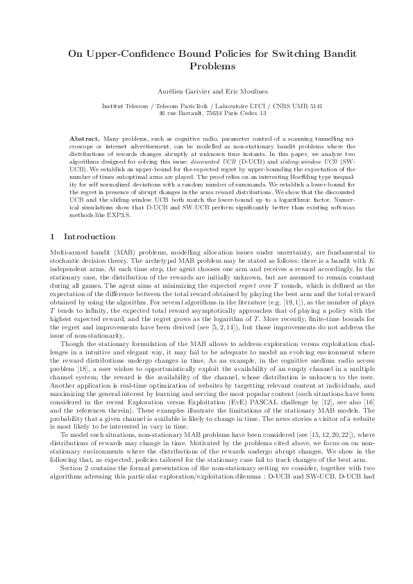 (PDF) On Upper-Confidence Bound Policies for Switching Bandit Problems
