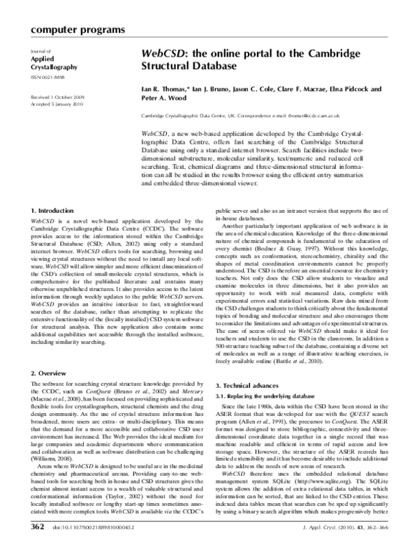 (PDF) WebCSD : the online portal to the Cambridge Structural Database | Ian Bruno - Academia.edu