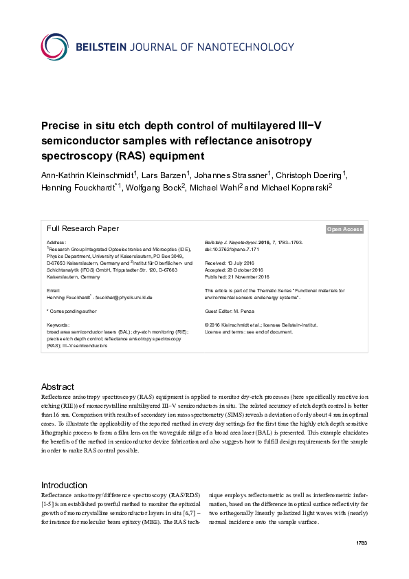 Pdf Precise In Situ Etch Depth Control Of Multilayered Iii V