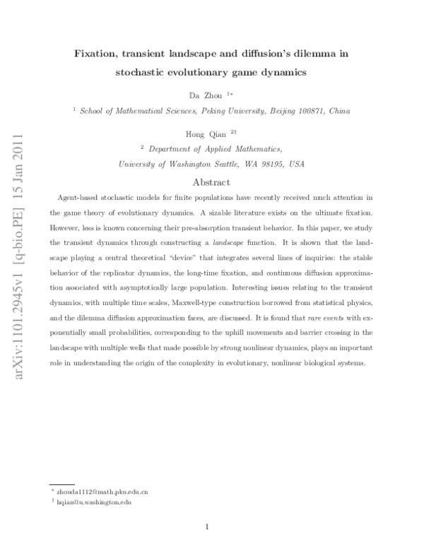(PDF) Fixation, transient landscape, and diffusion dilemma in stochastic evolutionary game dynamics