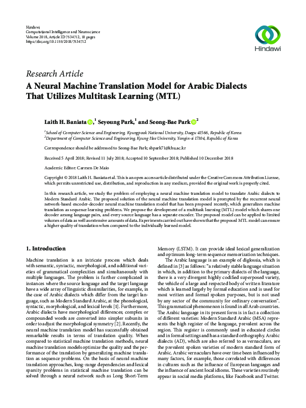 Pdf A Neural Machine Translation Model For Arabic Dialects That Utilizes Multitask Learning Mtl
