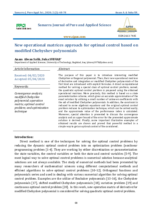 Pdf New Operational Matrices Approach For Optimal Control Based On Modified Chebyshev Polynomials