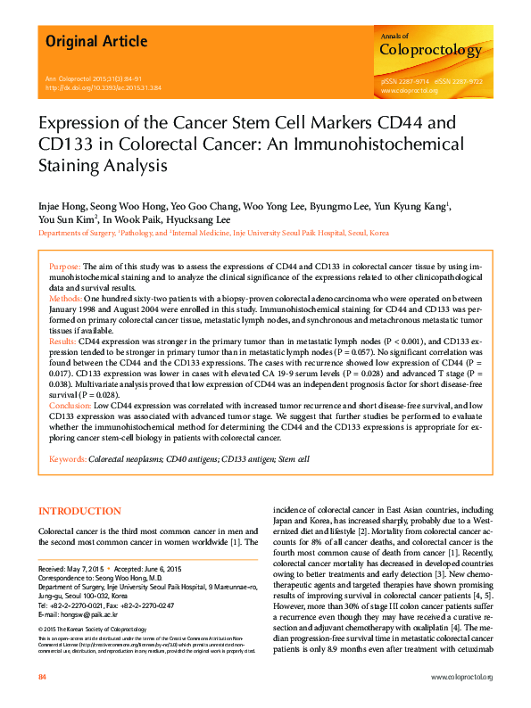 (PDF) Expression of the Cancer Stem Cell Markers CD44 and CD133 in ...