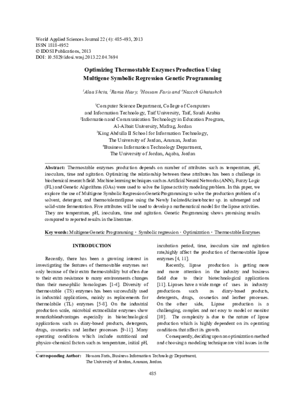 (PDF) Optimizing Thermostable Enzymes Production Using Multigene Symbolic Regression Genetic ...