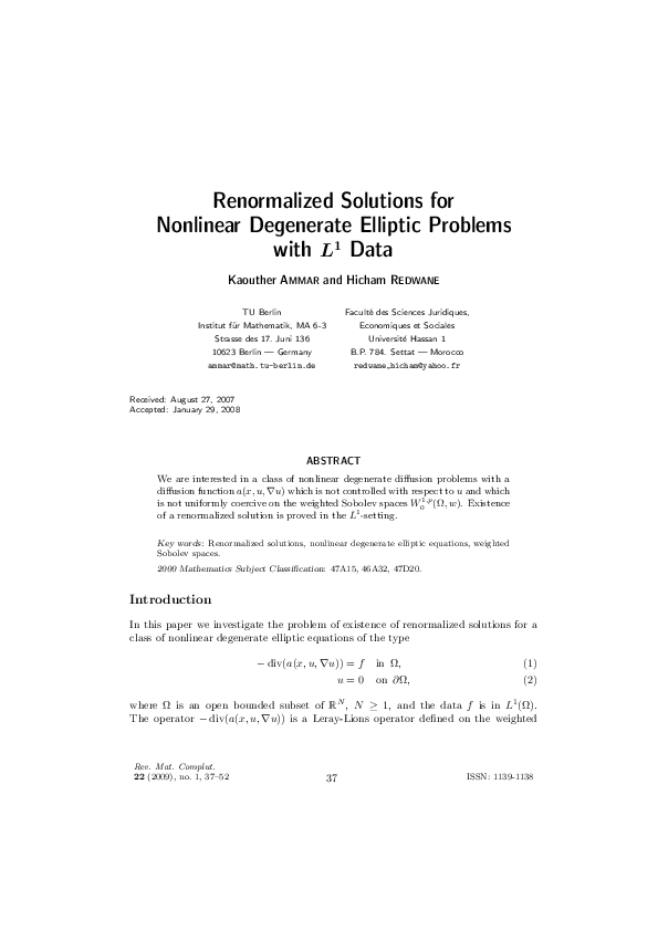 (PDF) Renormalized Solutions for Nonlinear Degenerate Elliptic Problems with L 1 Data