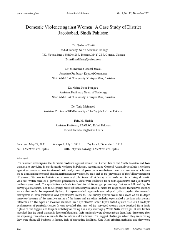 Domestic Violence against Women: A Case Study of District Jacobabad ...