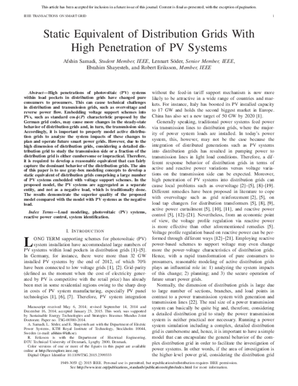 Pdf Static Equivalent Of Distribution Grids With High Penetration Of