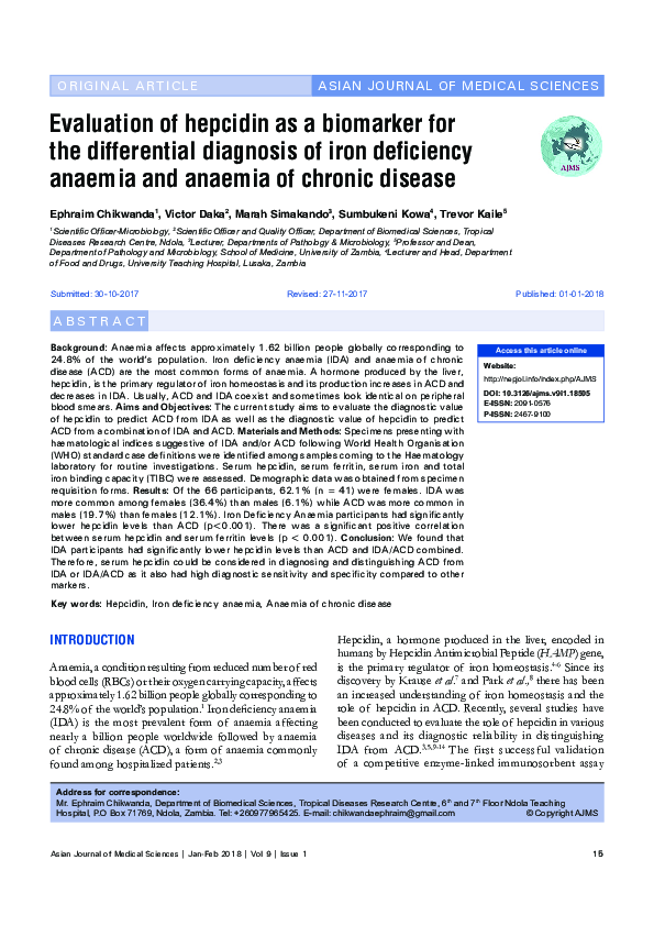 (PDF) Evaluation of hepcidin as a biomarker for the differential ...