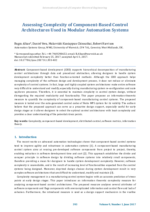 Pdf Assessing Complexity Of Component Based Control Architectures Used In Modular Automation