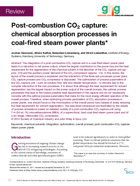 (PDF) Post-combustion CO2 capture: chemical absorption processes in ...