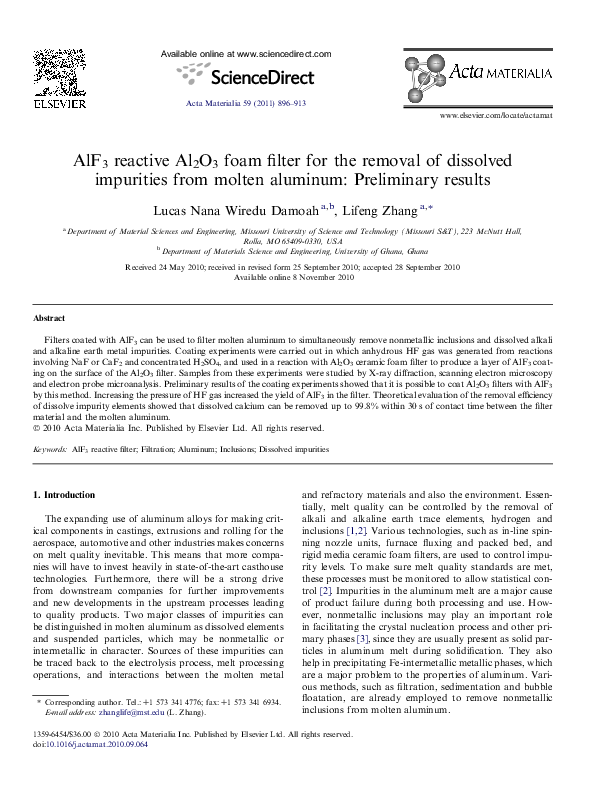 (PDF) AlF3 reactive Al2O3 foam filter for the removal of dissolved ...
