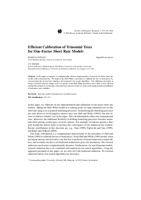 Pdf Efficient Calibration Of Trinomial Trees For One Factor Short