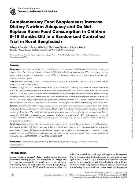 (PDF) Complementary Food Supplements Increase Dietary Nutrient Adequacy ...