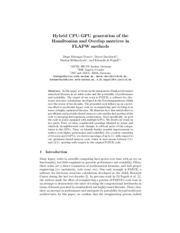 Pdf Hybrid Cpu Gpu Generation Of The Hamiltonian And Overlap Matrices In Flapw Methods