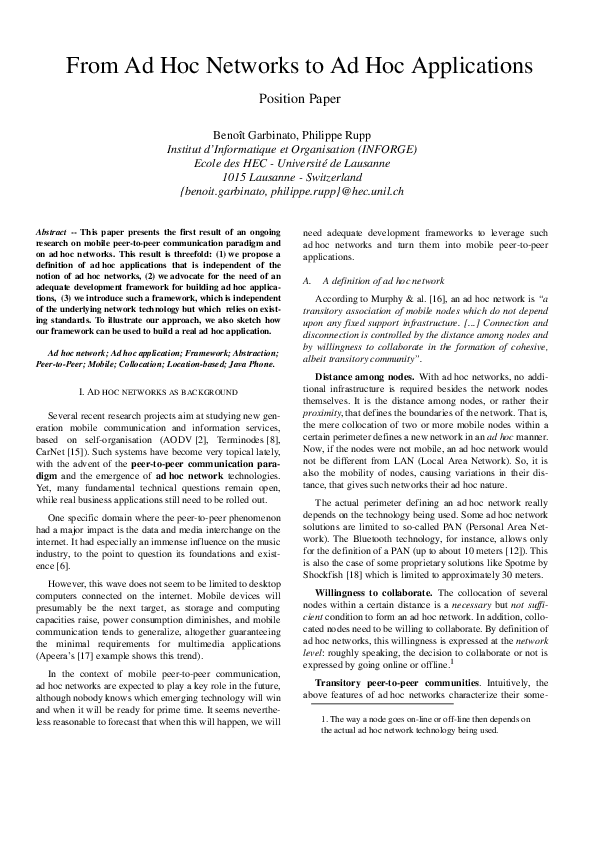 Pdf From Ad Hoc Networks To Ad Hoc Applications