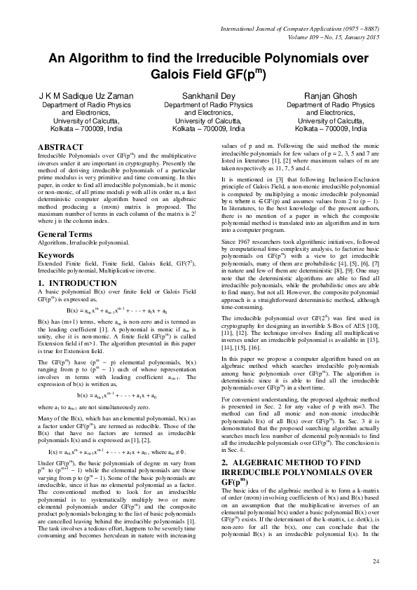 (PDF) An Algorithm to Find the Irreducible Polynomials Over Galois Field GF(pm)