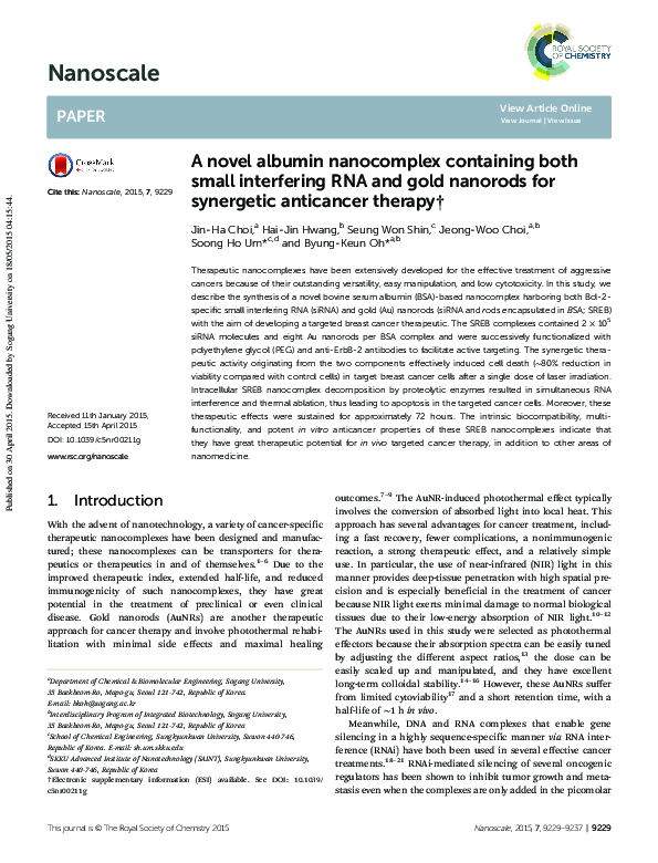(PDF) A novel albumin nanocomplex containing both small interfering RNA ...