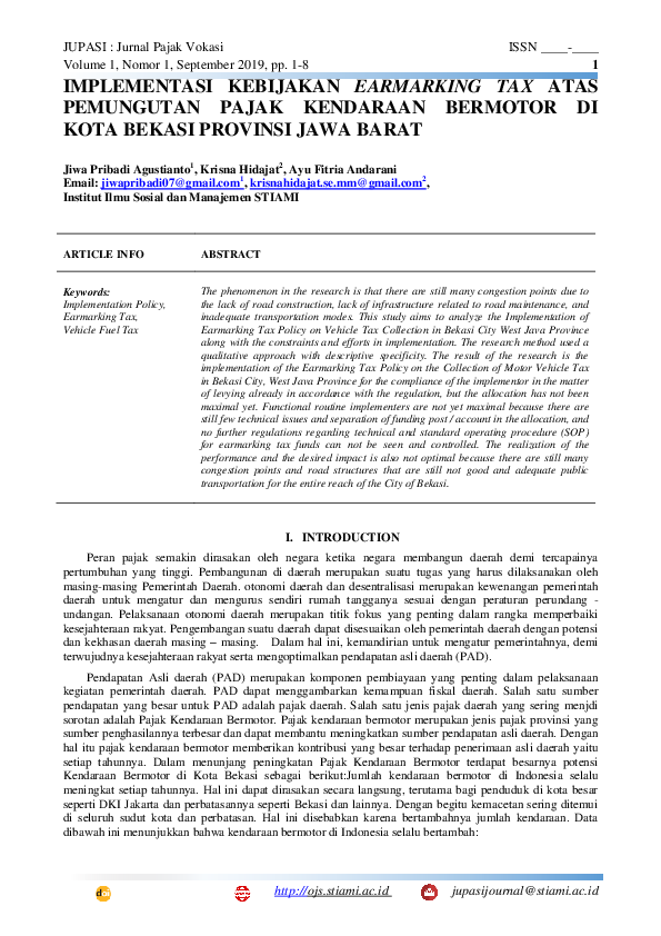 (PDF) Implementasi Kebijakan Earmarking Tax Atas Pemungutan Pajak ...