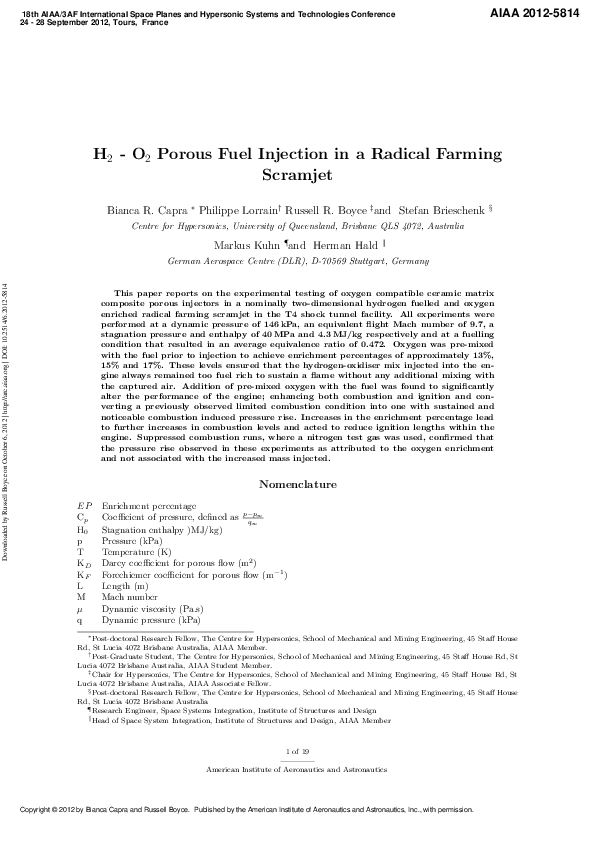 (PDF) H2-O2 Porous Fuel Injection in a Radical Farming Scramjet