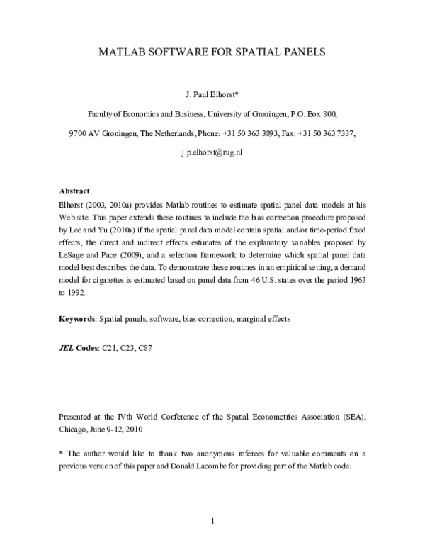 (PDF) Matlab Software for Spatial Panels